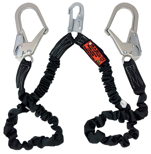 Twin leg tubular nylon "stretch" climbing lanyard with steel snap hook ...